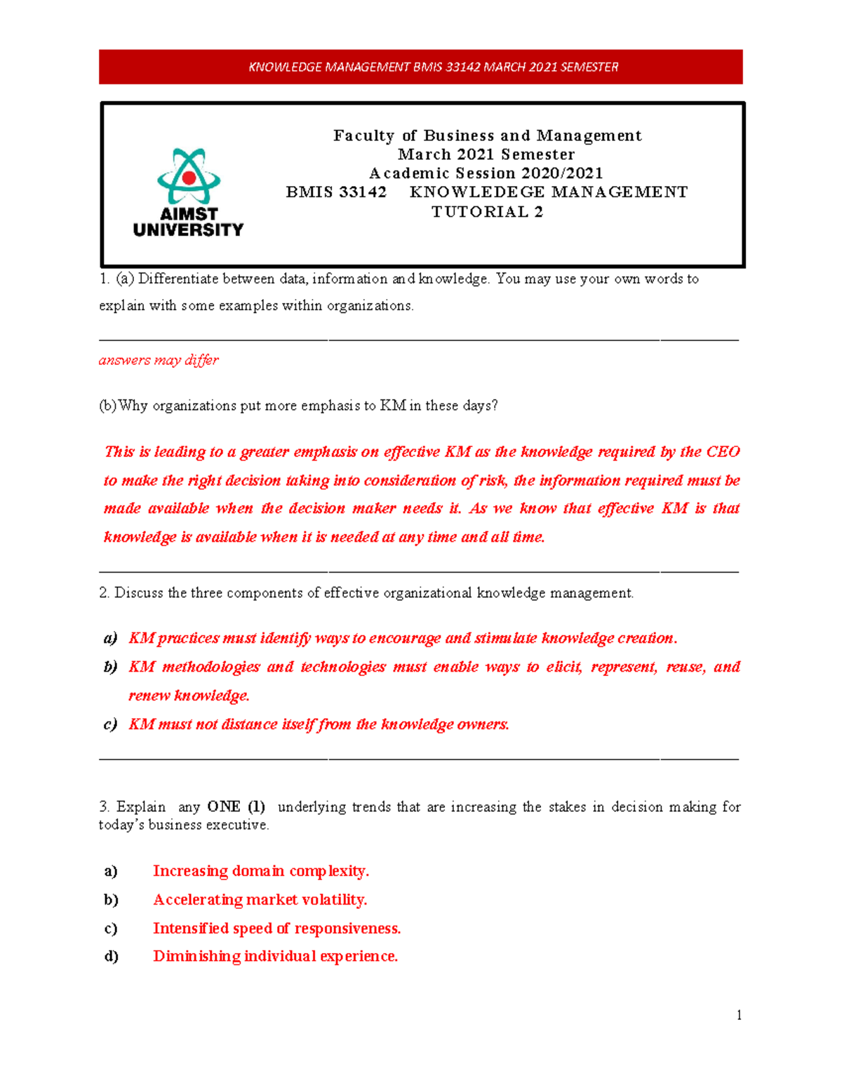 Knowledge Management Tutorial 2 March 2021 Answer - KNOWLEDGE ...