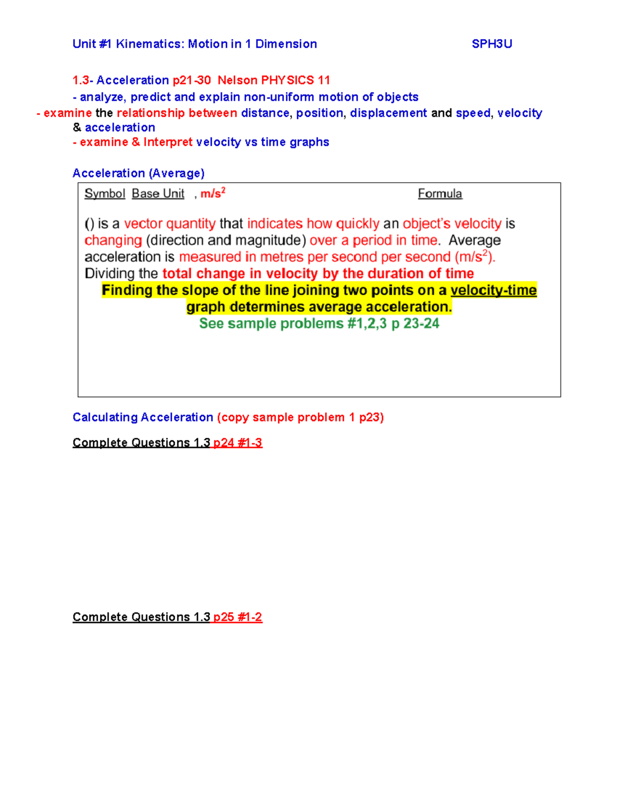 1.3 Acceleration - NOTE - Instantaneous Velocity - Physics SPH3U - 2019 ...