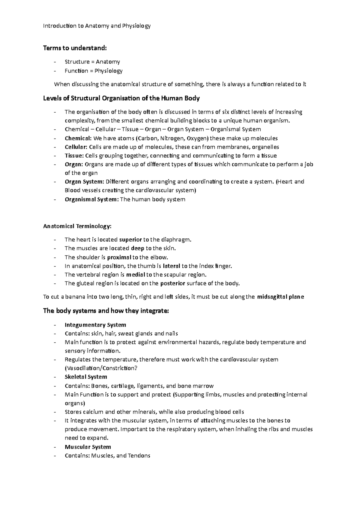 Week 1 - Intro To A&P Lecture Notes for first year - Terms to ...