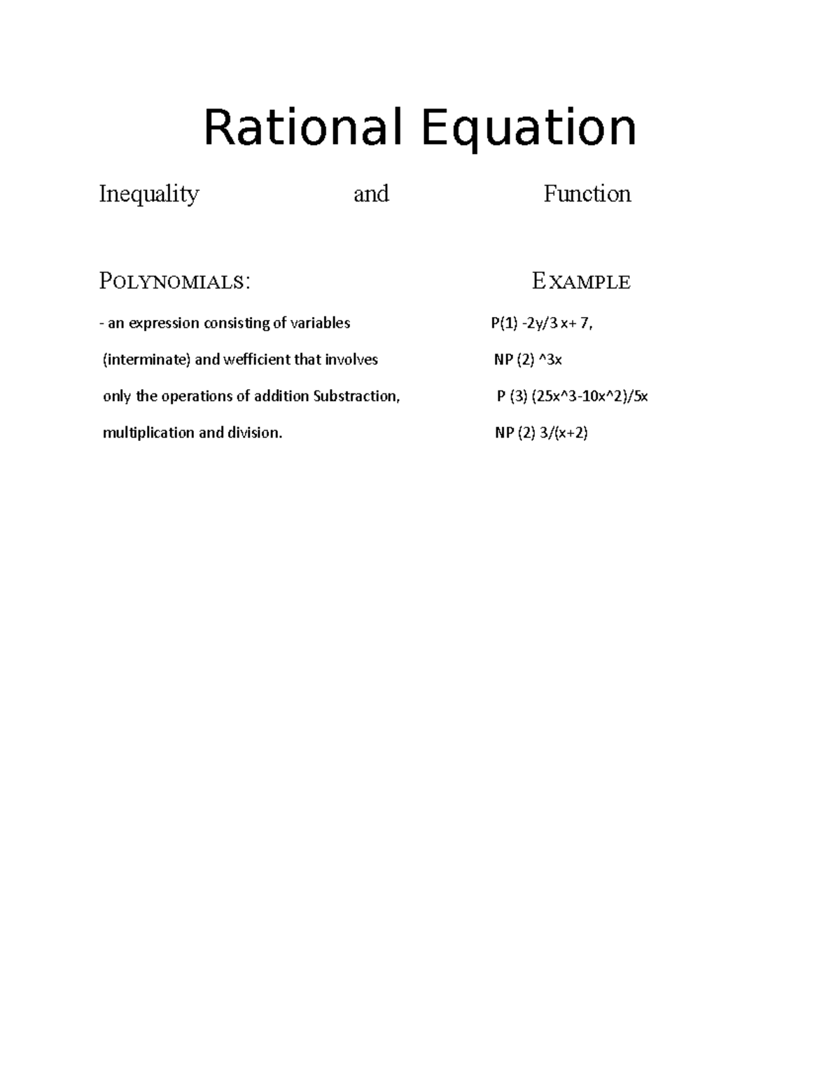 Rational Equation - hihi - Rational Equation Inequality and Function POLYNOMIALS: EXAMPLE an ...