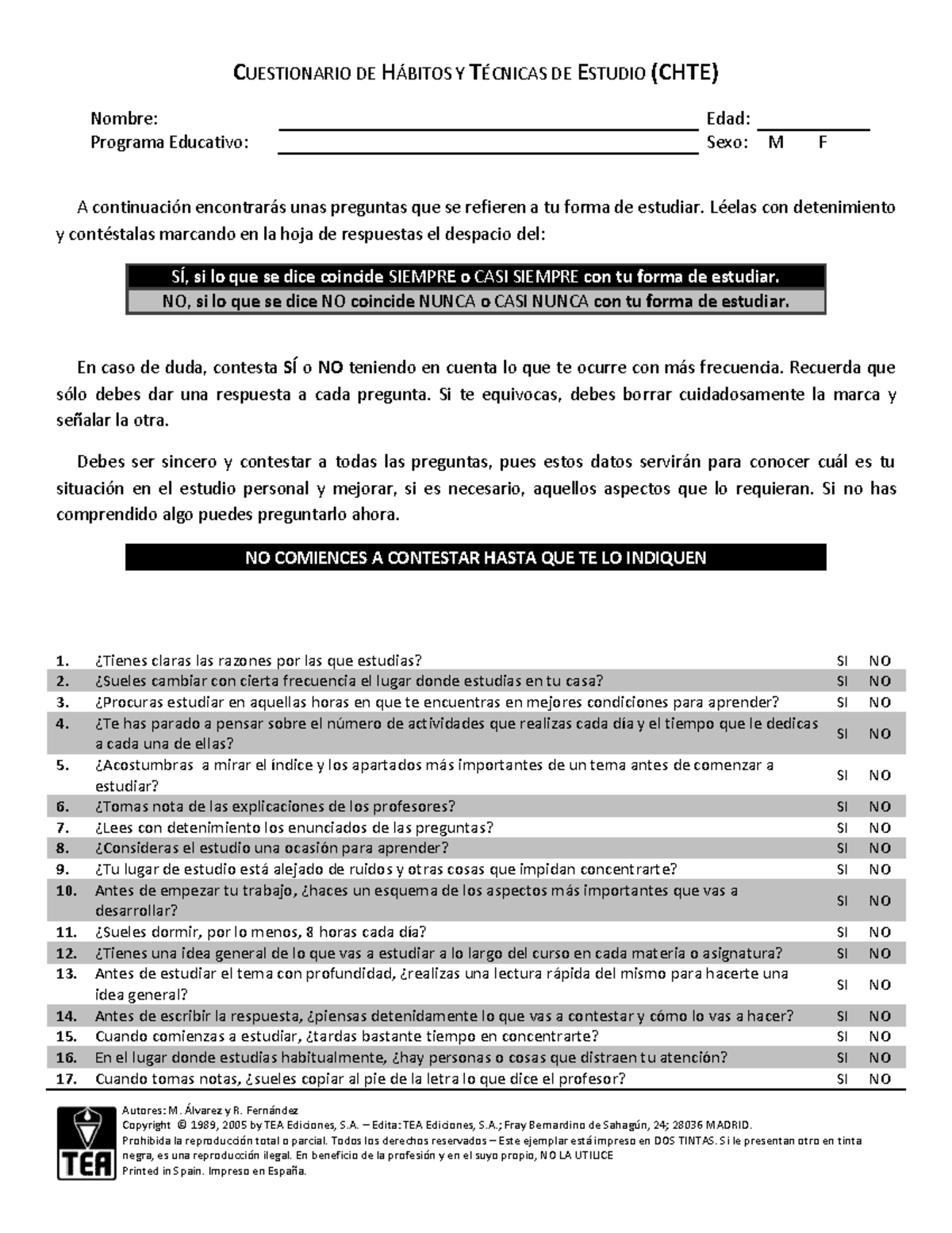 Cuestionario - Other - Autores: M. ¡lvarez y R. Fern·ndez Copyright © 1989, 2005 by TEA ...