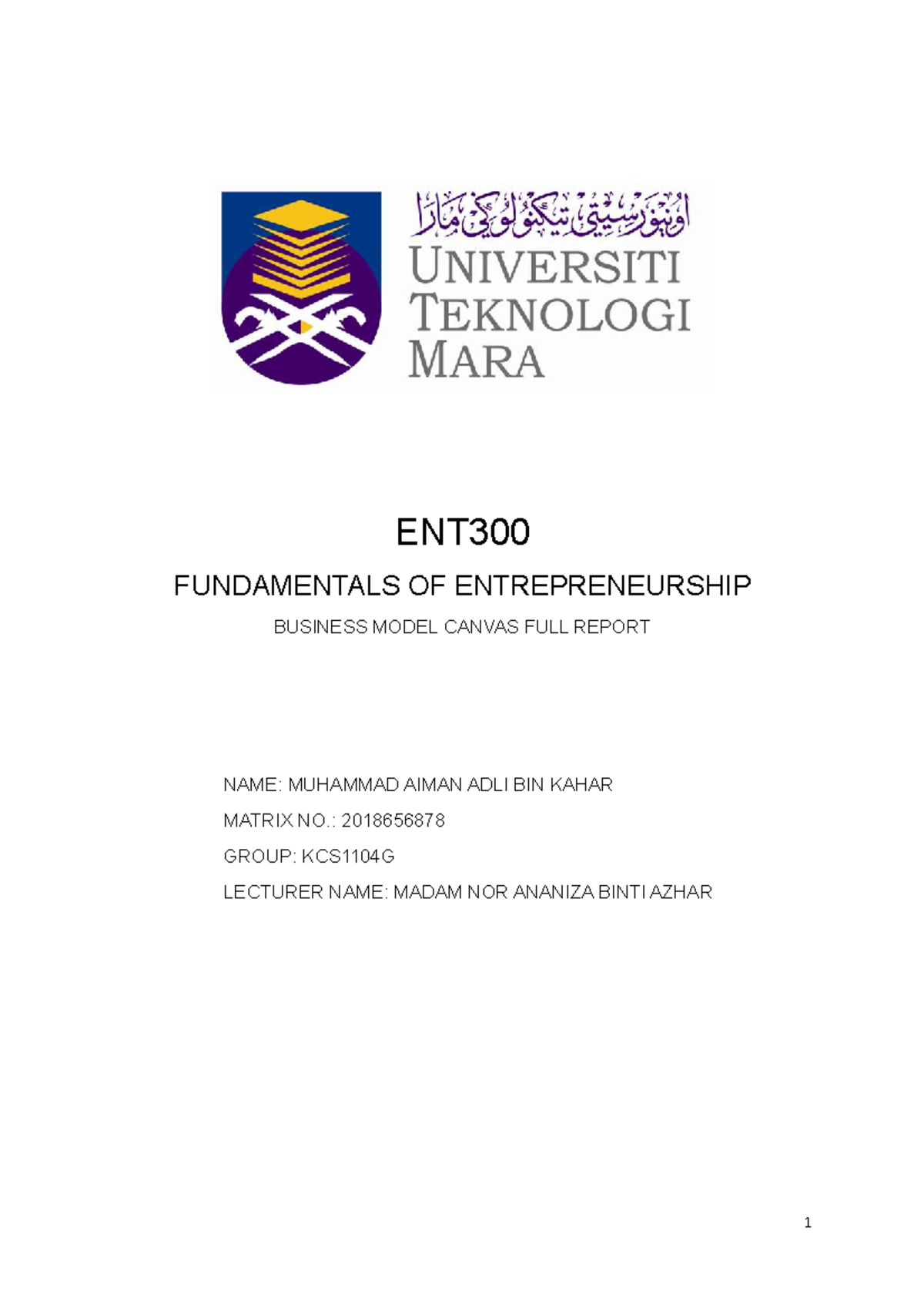 BMC - Muhd Aiman Adli - percuma - ENT FUNDAMENTALS OF ENTREPRENEURSHIP ...