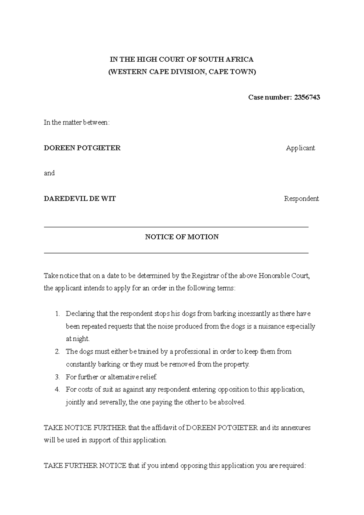 Notice of motion draft - IN THE HIGH COURT OF SOUTH AFRICA (WESTERN ...