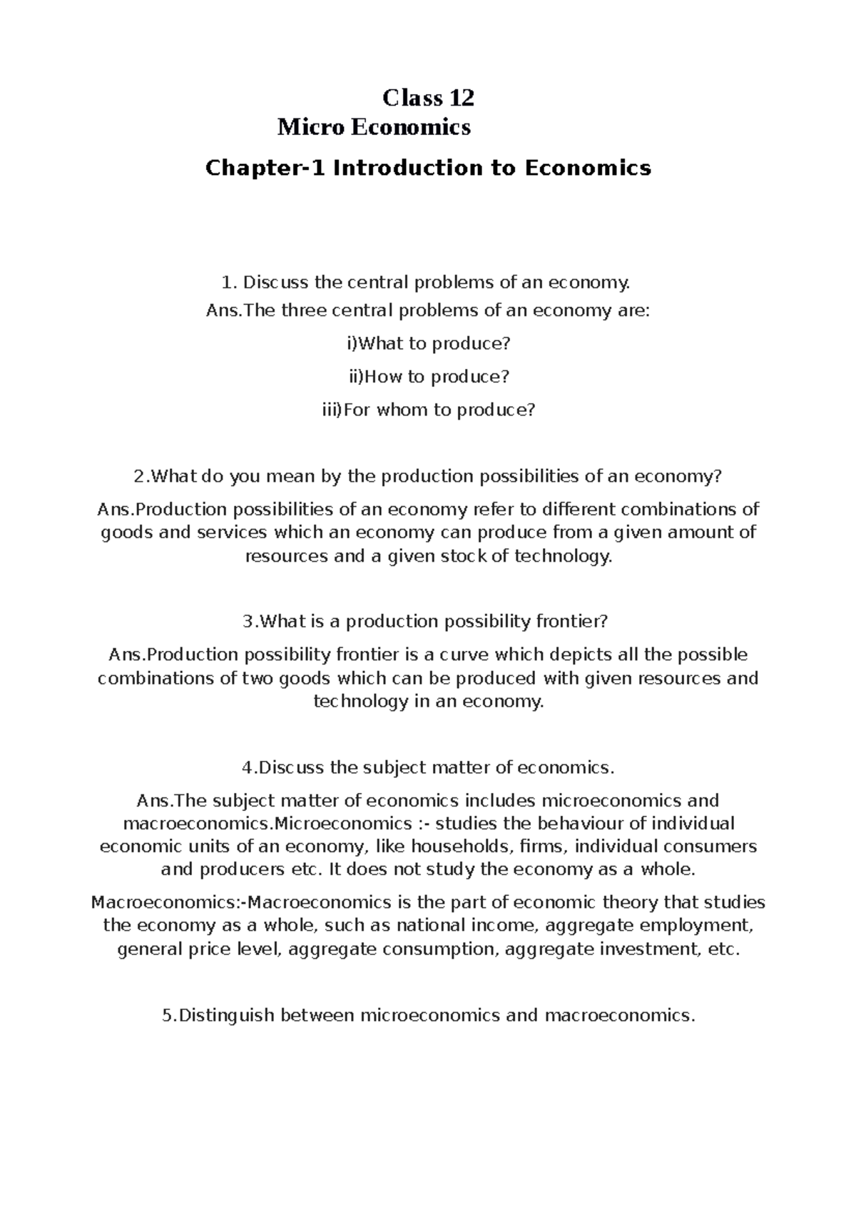 Class 12 Micro economics chapter 1 QA - Class 12 Micro Economics ...