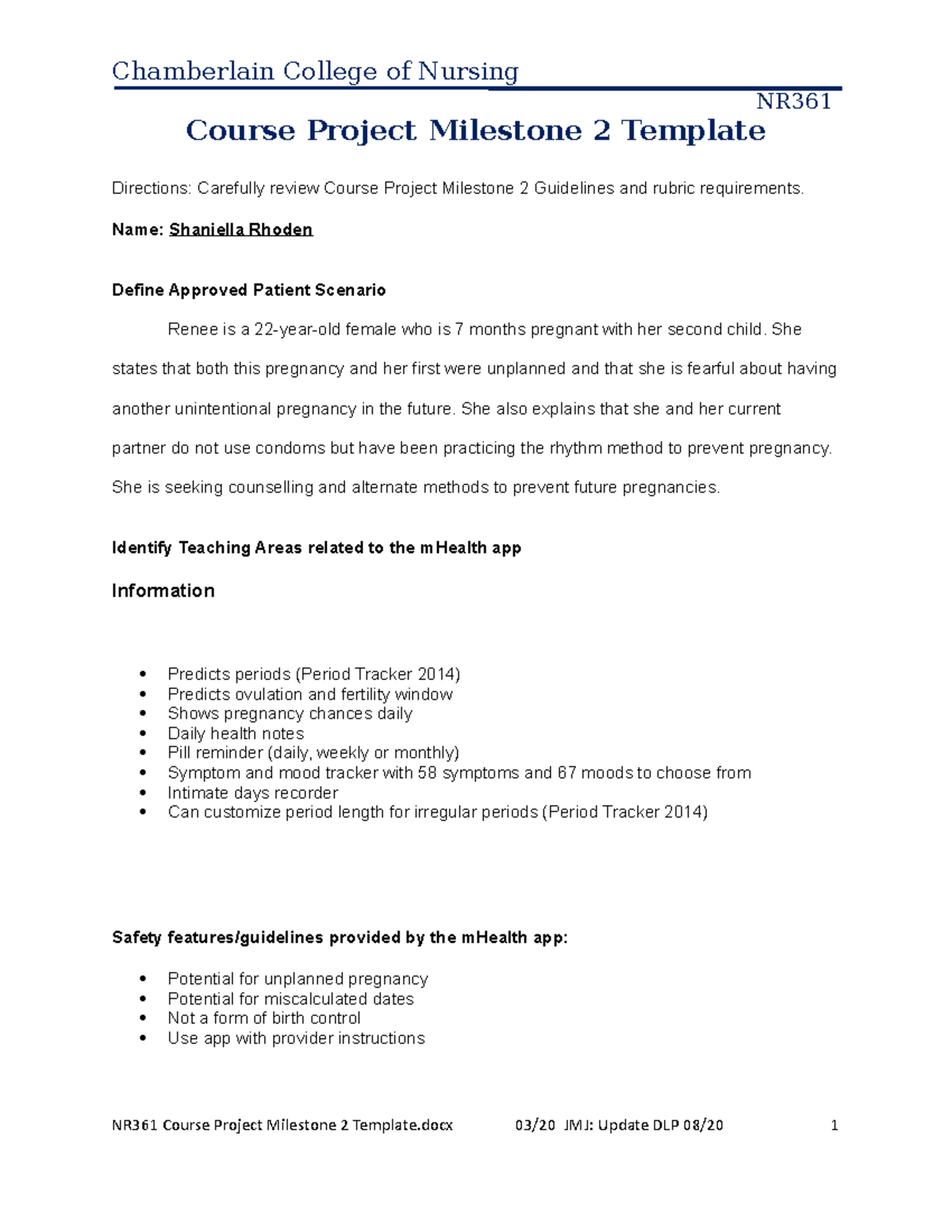 milestone 1 NR 361 - Chamberlain College of Nursing NR Course Project ...