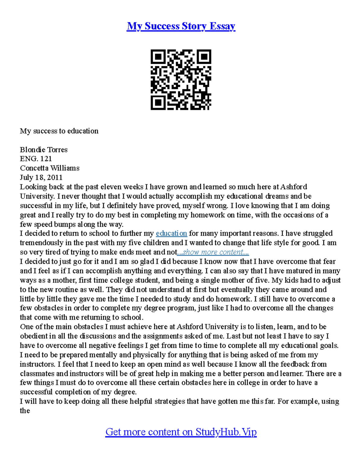 My Introduction Essay - My Success Story Essay My success to education ...