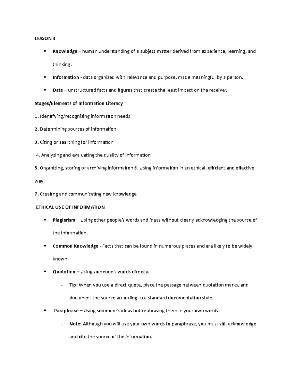 MIL- Lesson 3 & 7 - Lecture notes 3 and 7 - LESSON 3 Knowledge – human ...