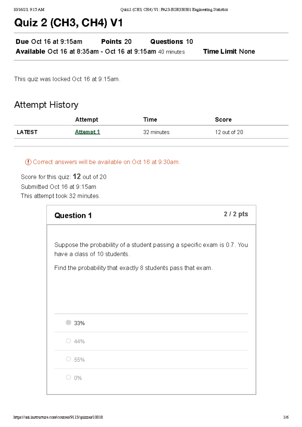 Quiz 2 (CH3, CH4) V1 FA23-EGR330301 Engineering Statistics - Quiz 2 ...