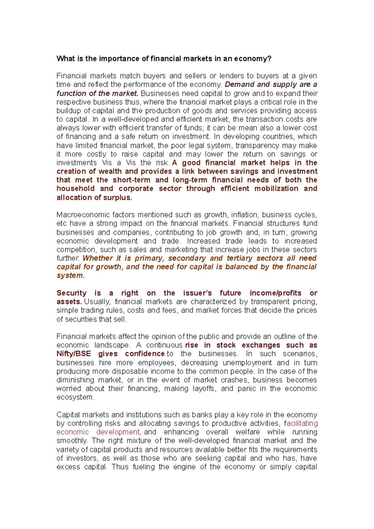 Importance of financial markets - Demand and supply are a function of ...