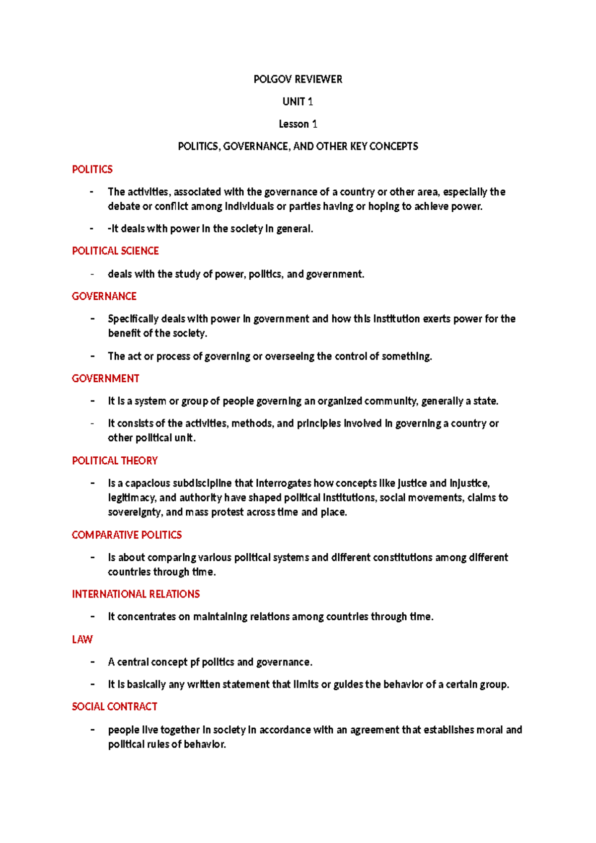 Polgov Reviewer - POLGOV REVIEWER UNIT 1 Lesson 1 POLITICS, GOVERNANCE ...