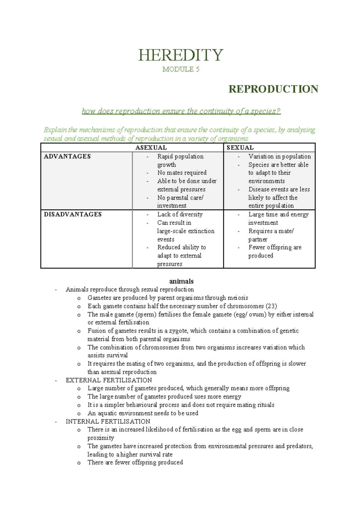 Mod 5 Biology - good bio notes - HEREDITY MODULE 5 REPRODUCTION how ...