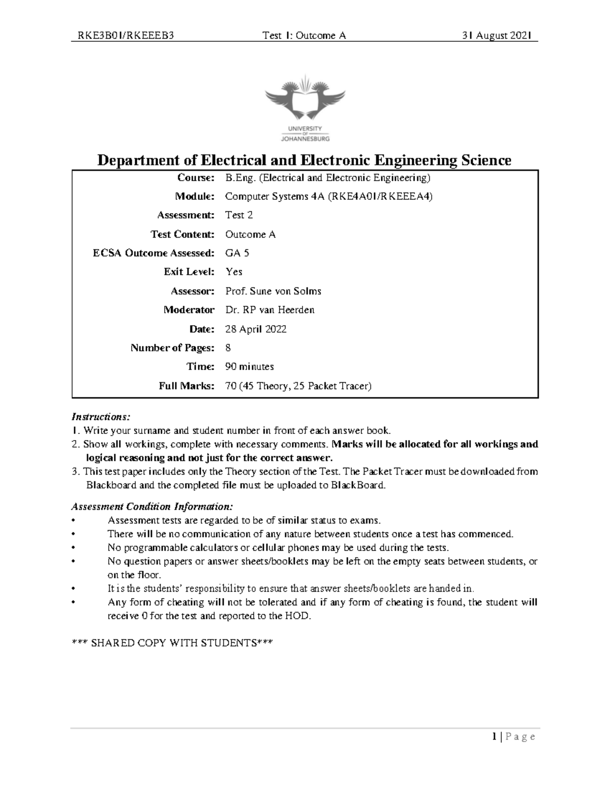Test 2 - Past paper memo - Department of Electrical and Electronic ...