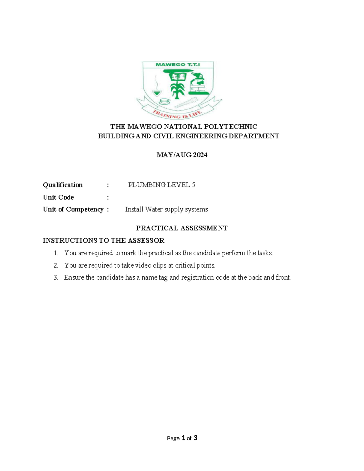 Practical checklist PLL 5Pract 2 - THE MAWEGO NATIONAL POLYTECHNIC ...