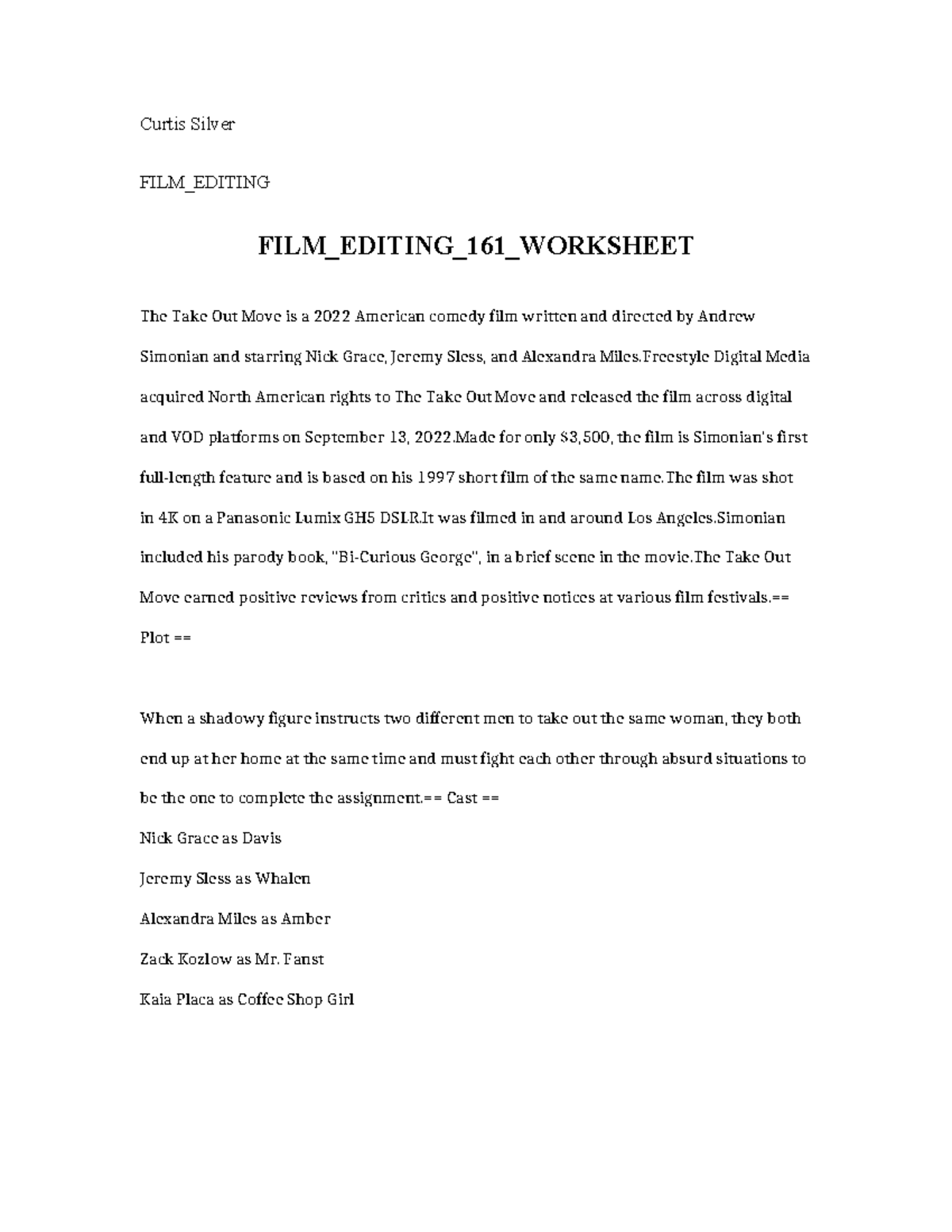 FILM Editing 161 Worksheet - Curtis Silver FILM_EDITING FILM_EDITING ...