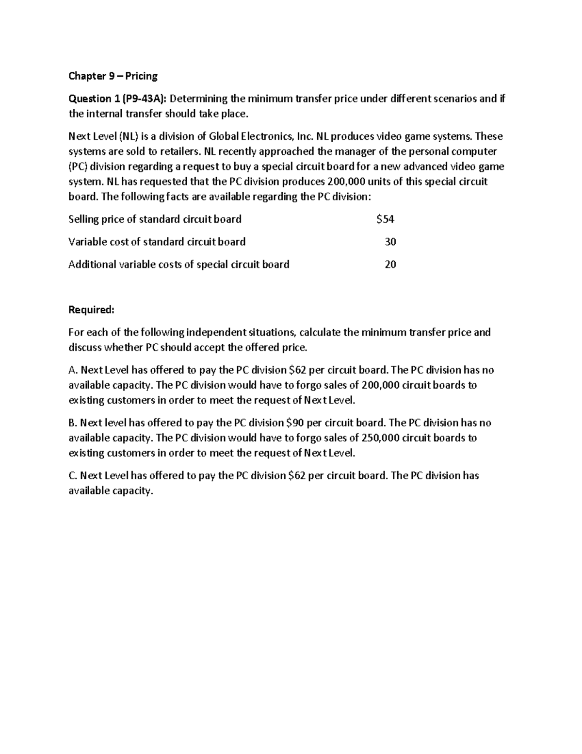 Chapter 9 Pricing- Problem set - Chapter 9 – Pricing Question 1 (P9-43A ...