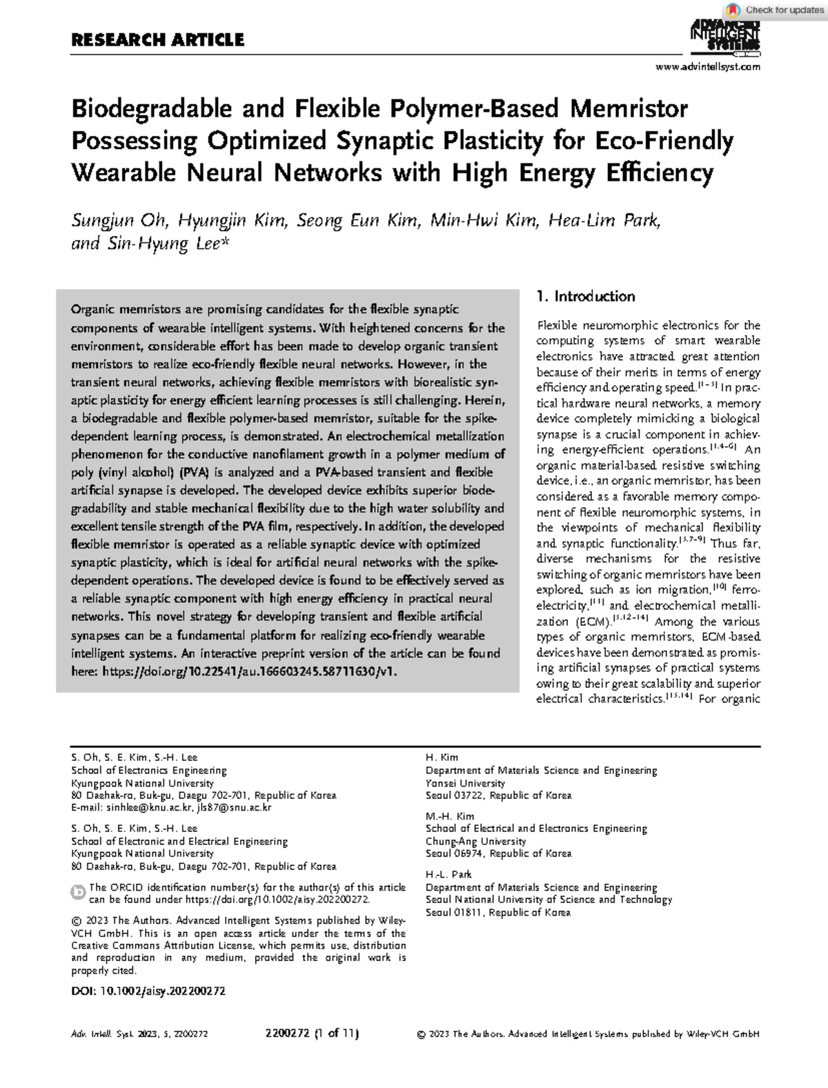 Advanced Intelligent Systems - 2023 - Oh - Biodegradable and Flexible ...
