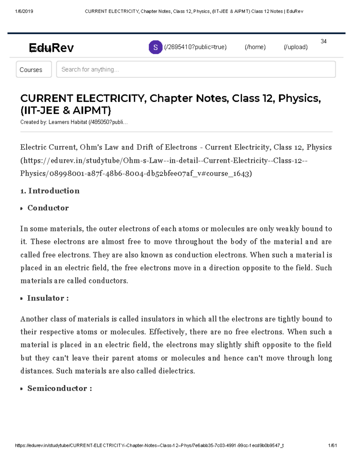 Current Electricity, Chapter Notes, Class 12, Physics, (IIT-JEE & Aipmt ...
