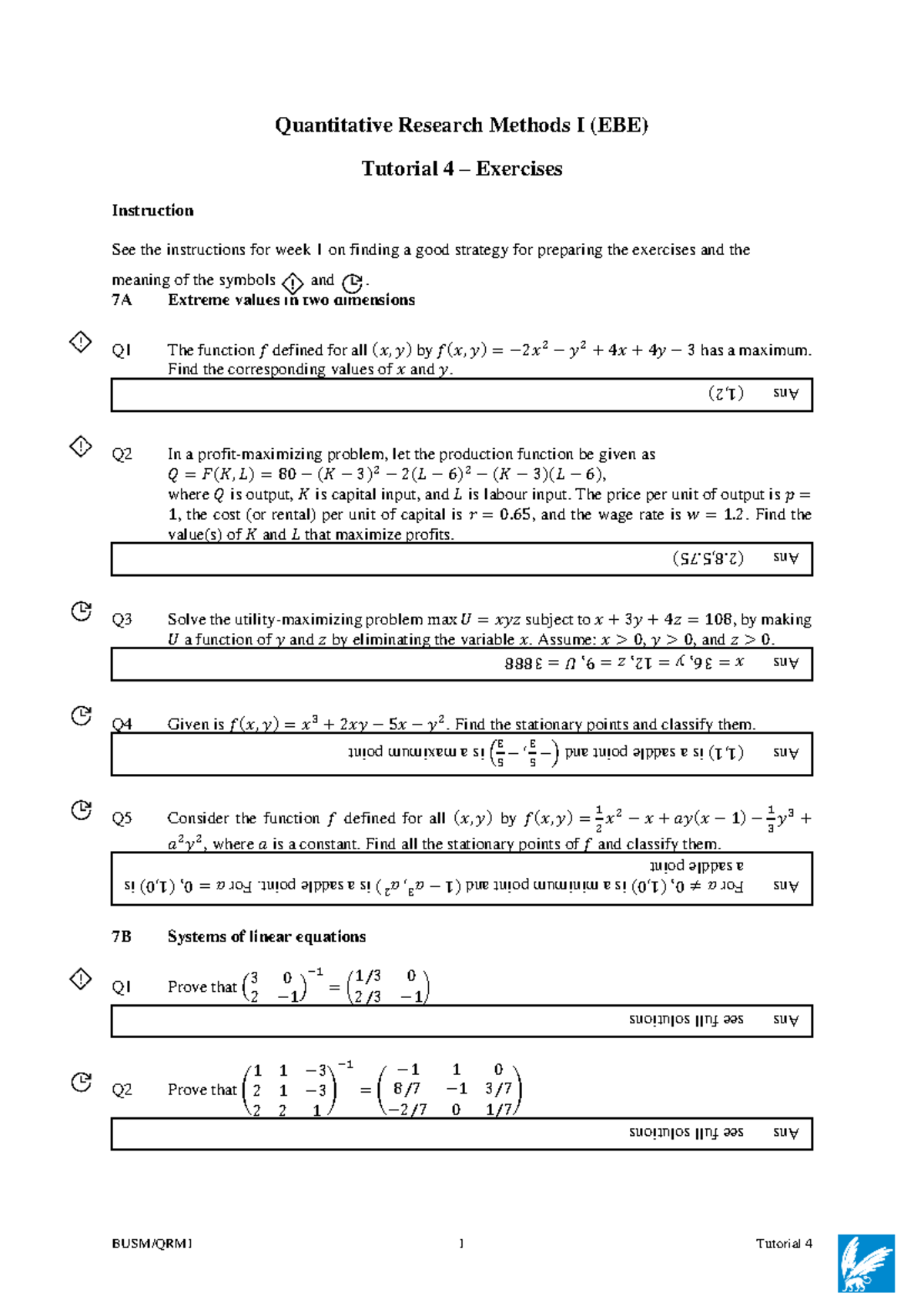 Tutorialexercises 4 Qrm Week 4 Tutorial Exercises Quantitative Research Methods I Ebe