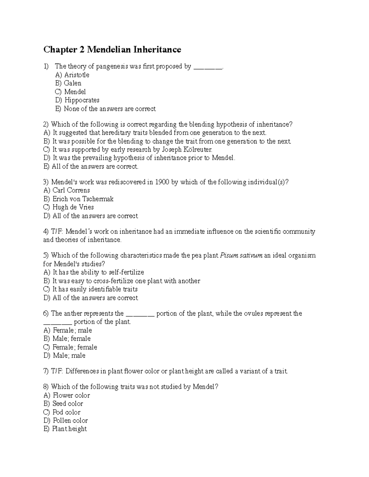 BIO 457 ch2&3 - practice questions for quiz - Chapter 2 Mendelian ...