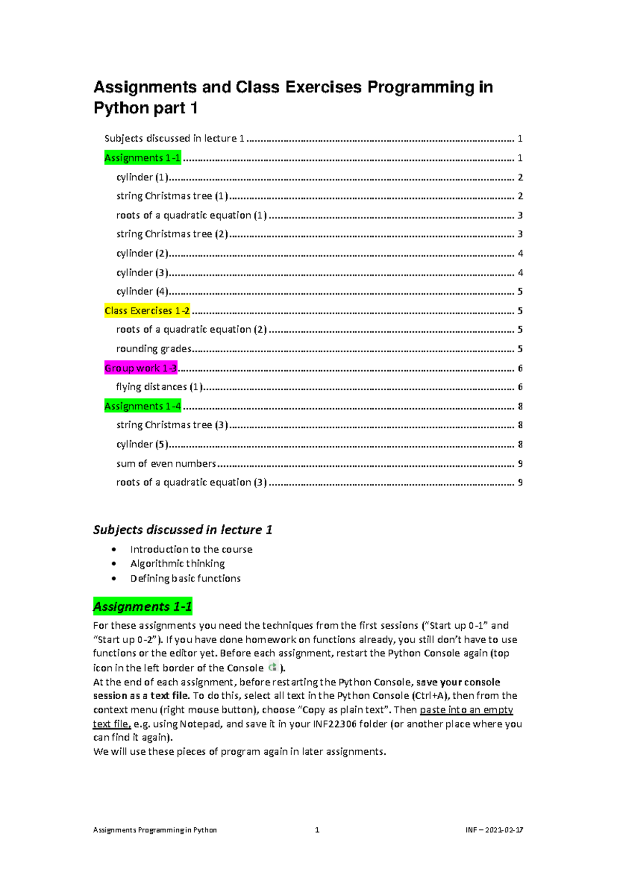 Assignment and Class Exercises Programming in Python Part 1 vs01 ...