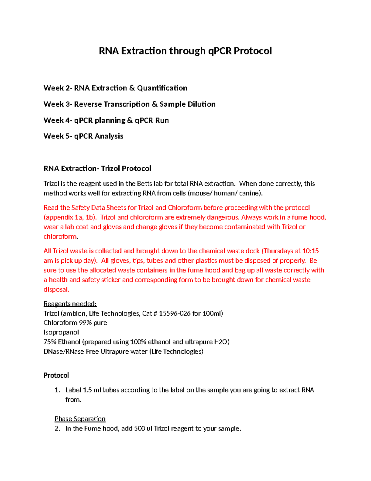 RNA+Extraction+to+q PCR+Student+Protocol - RNA Extraction through qPCR ...
