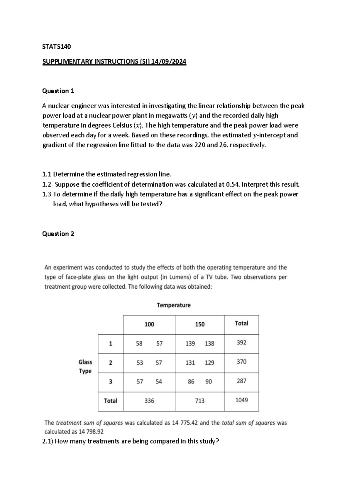 STAT140 worksheet 4 2024 - STATS SUPPLIMENTARY INSTRUCTIONS (SI) 14/09/ Question 1 A nuclear ...