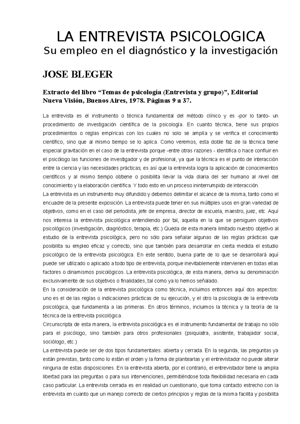 4 José Bleger - La entrevista psicológica - LA ENTREVISTA PSICOLOGICA ...