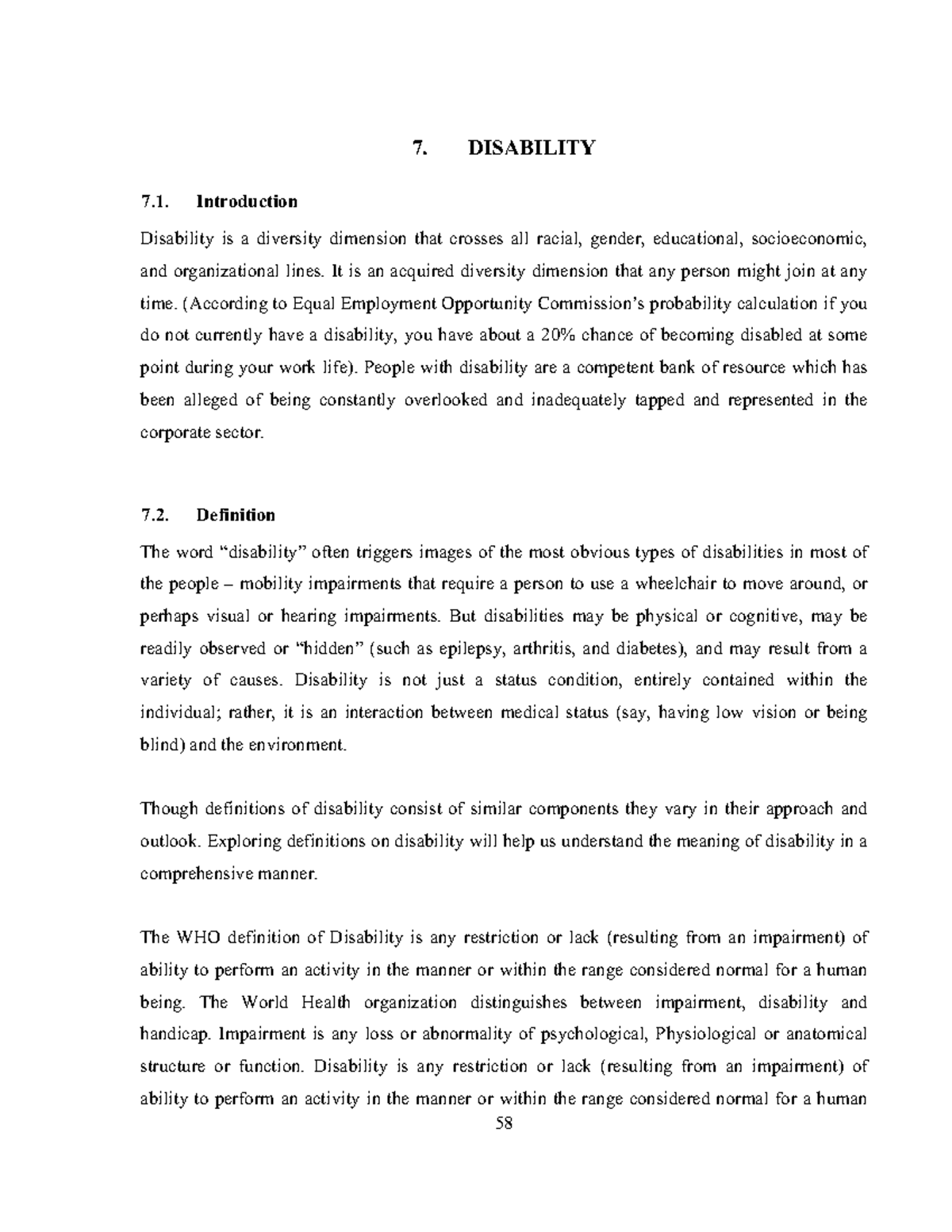 14 chapter 7 - phycology - 7. DISABILITY 7. Introduction Disability is ...