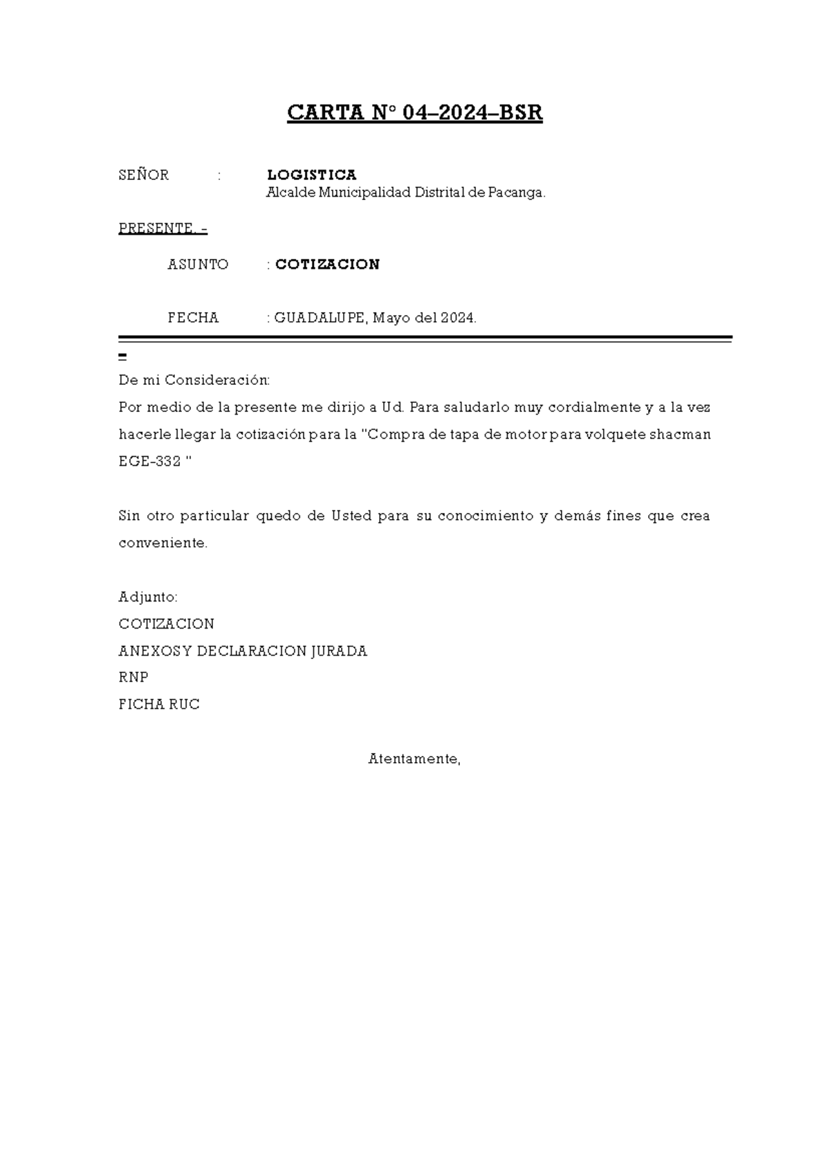 Carta DE Cotizacion - CARTA N° 04– 2024 – BSR SEÑOR : LOGISTICA Alcalde ...