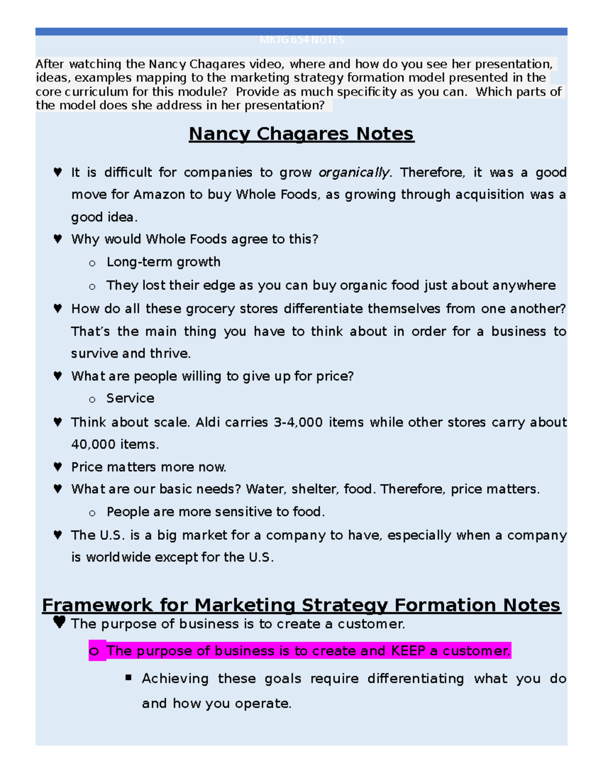 MKTG 654 - Module 1 Notes - After watching the Nancy Chagares video ...