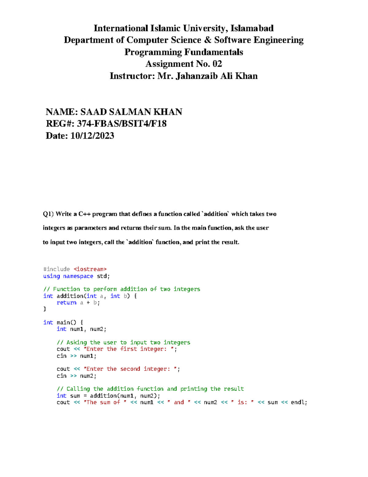 Pf Assignment 02 Programming International Islamic University Islamabad Department Of