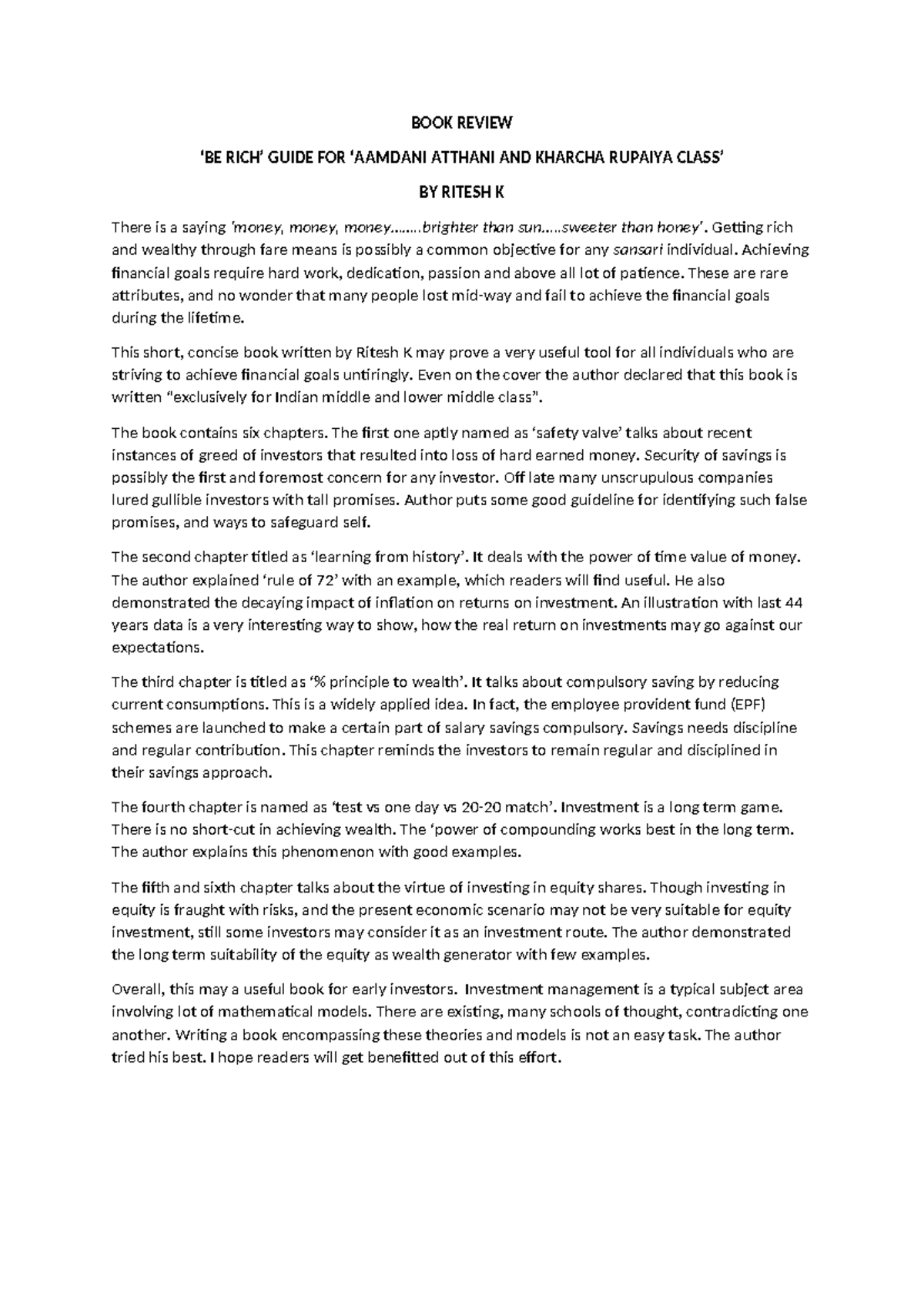 429741764 Book Review of Mr Ritesh - BOOK REVIEW ‘BE RICH’ GUIDE FOR ...