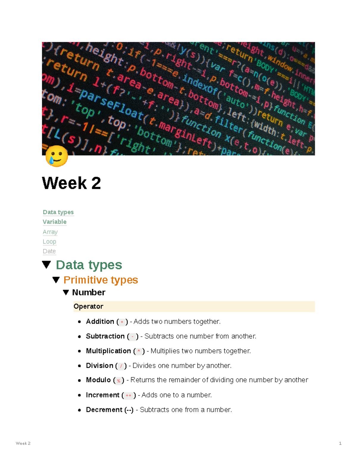 Learn js - 🥲 Week 2 Data types Primitive types Number Operator Addition ...