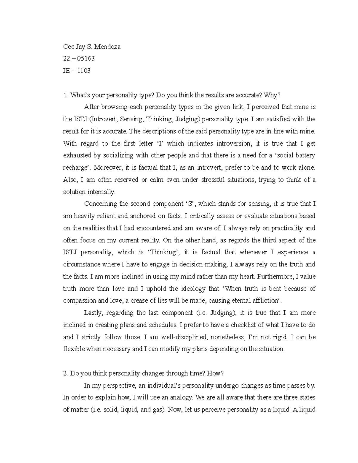 Assignment No.1 Mendoza, Cee Jay S - Cee Jay S. Mendoza 22 – 05163 IE ...