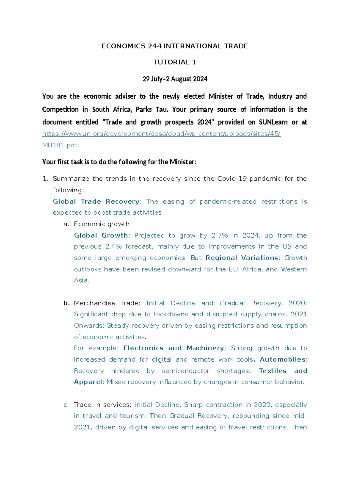 Economics 244 Tut 1 Proposed memo - ECONOMICS 244 INTERNATIONAL TRADE ...