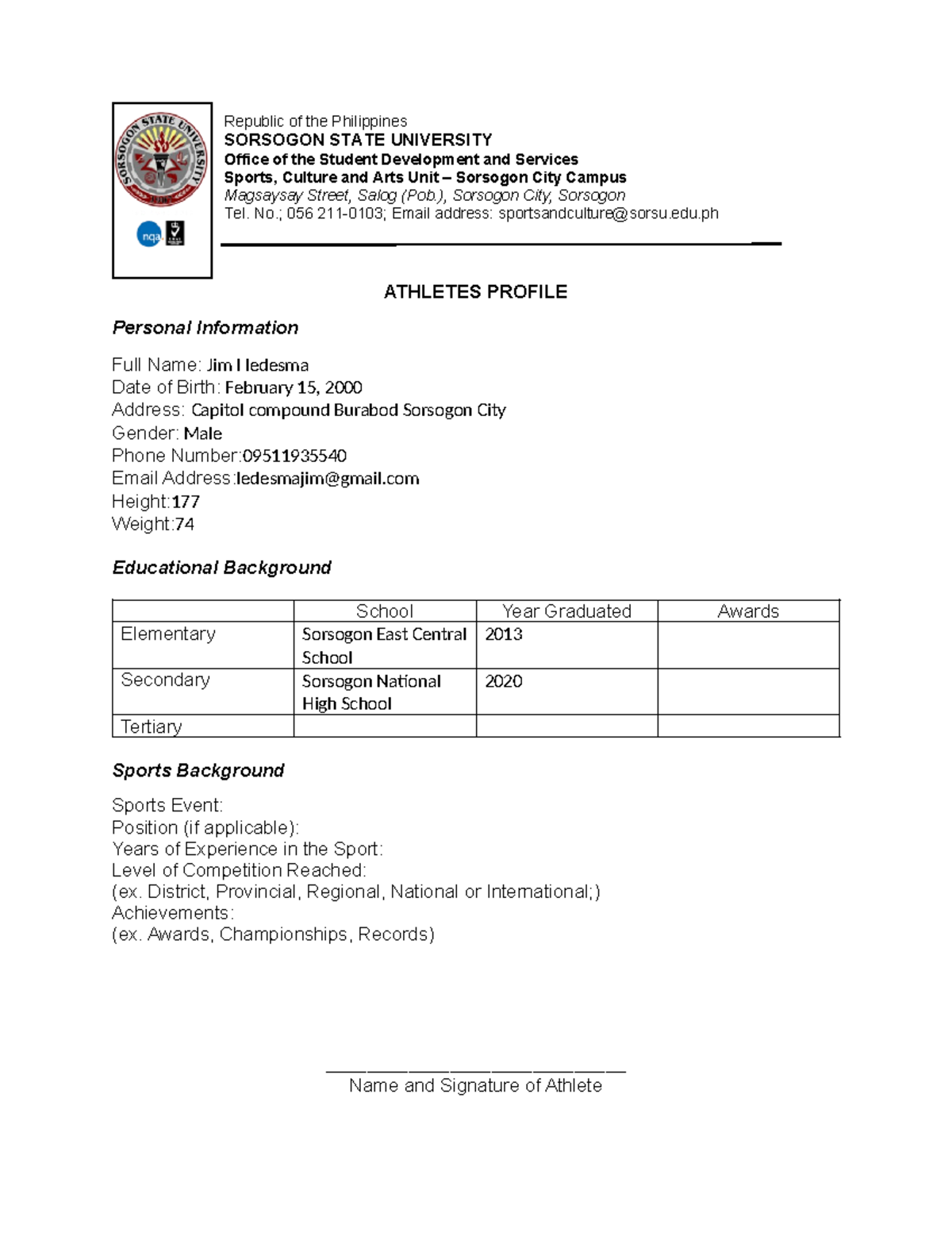 Athletes- Profile - Republic of the Philippines SORSOGON STATE ...