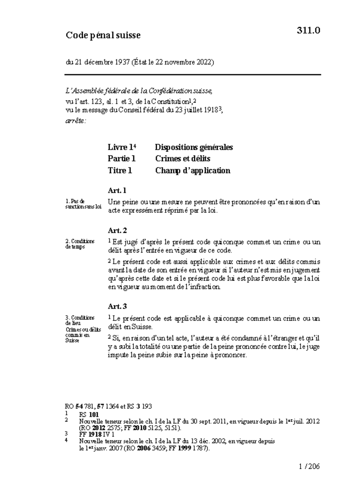 CP - Texte de loi important - Code pénal suisse du 21 décembre 1937 ...