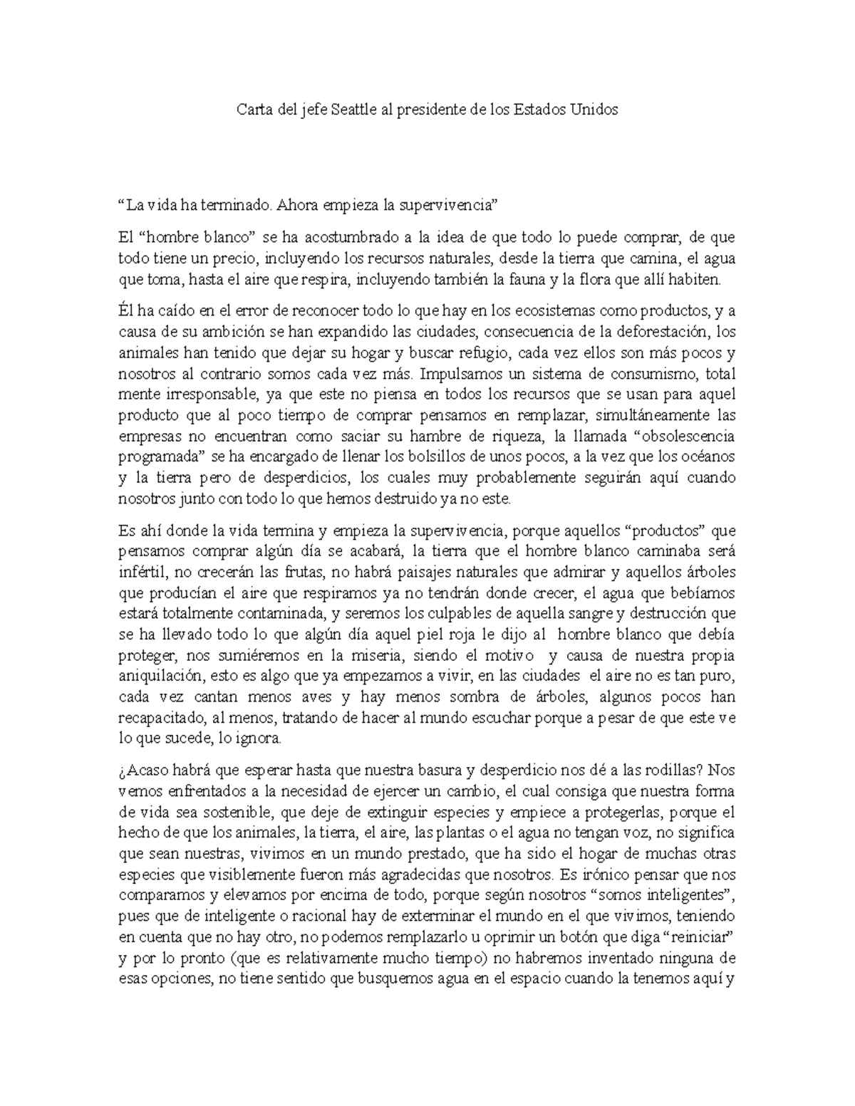 Carta del jefe Seattle al presidente de los Estados Unidos - Ahora ...