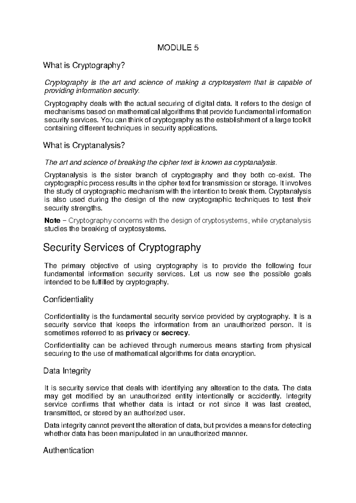 Module V CN - Assignment database - MODULE 5 What is Cryptography? Cryptography is the art and ...