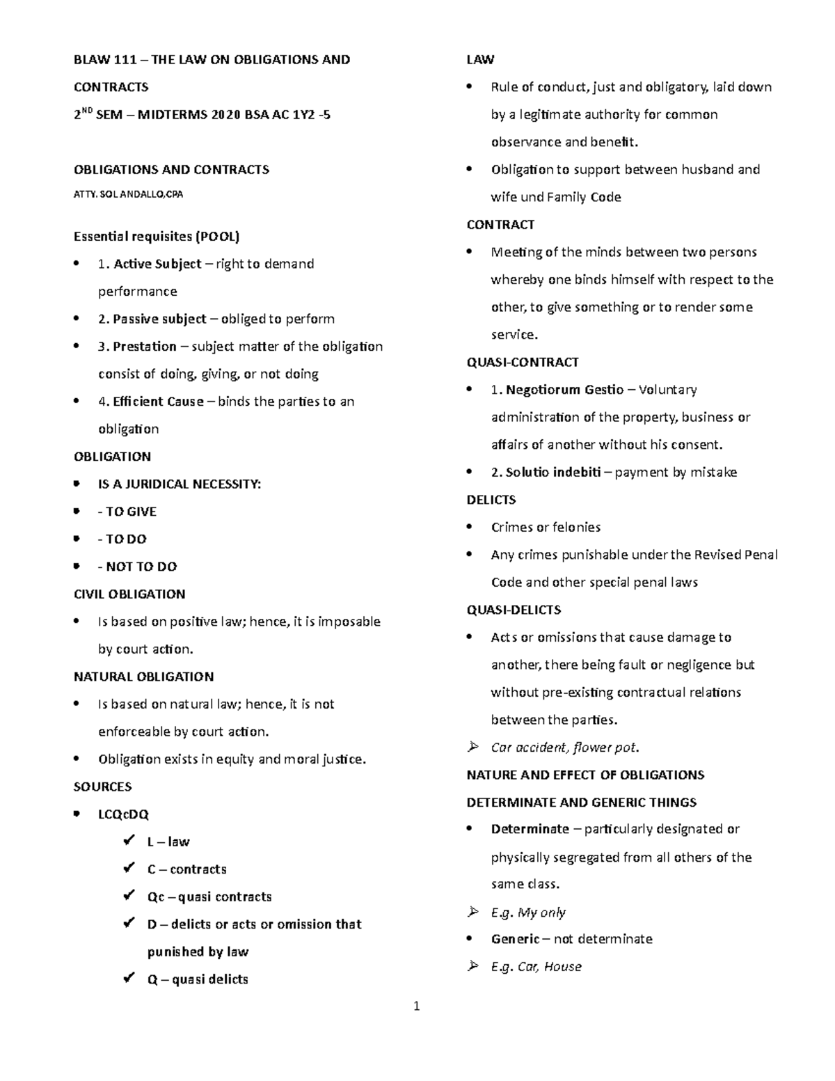 BLAW111 - Lecture - BLAW 111 – THE LAW ON OBLIGATIONS AND CONTRACTS 2 ND SEM – MIDTERMS 2020 BSA ...