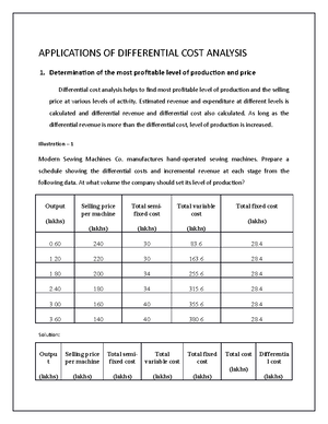 Applications OF Differential COST Analysis - APPLICATIONS OF ...