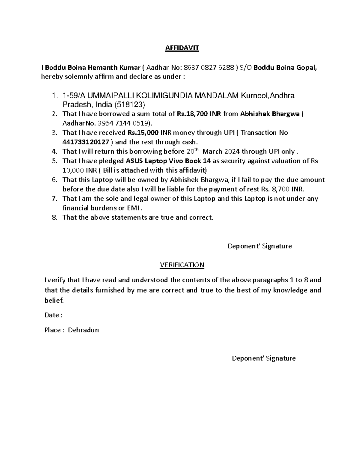 Loan hemanth kumar - AFFIDAVIT I Boddu Boina Hemanth Kumar ( Aadhar No ...