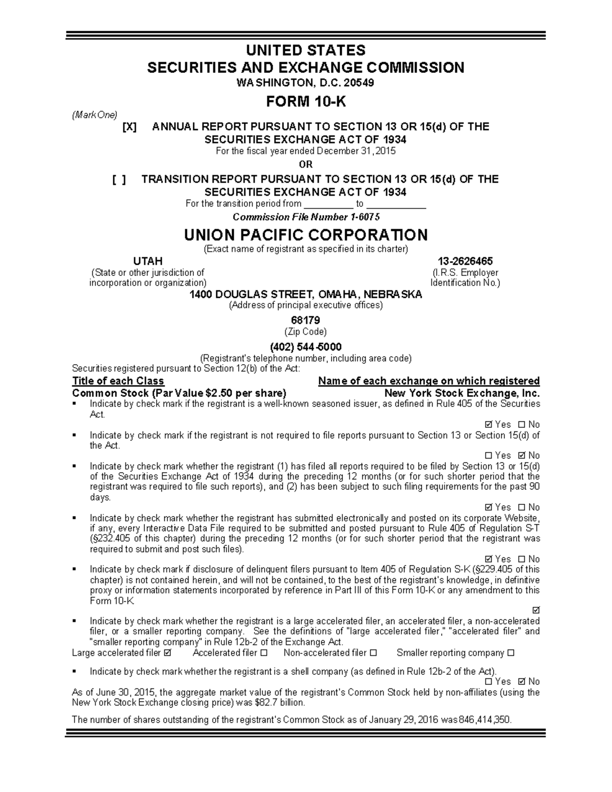 2015 FORM-10K - Union Pacific Corporation - UNITED STATES SECURITIES ...