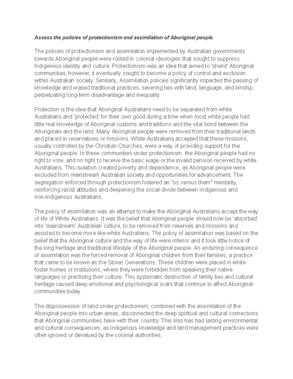 Protectionism and Assimilation - The policies of protectionism and ...