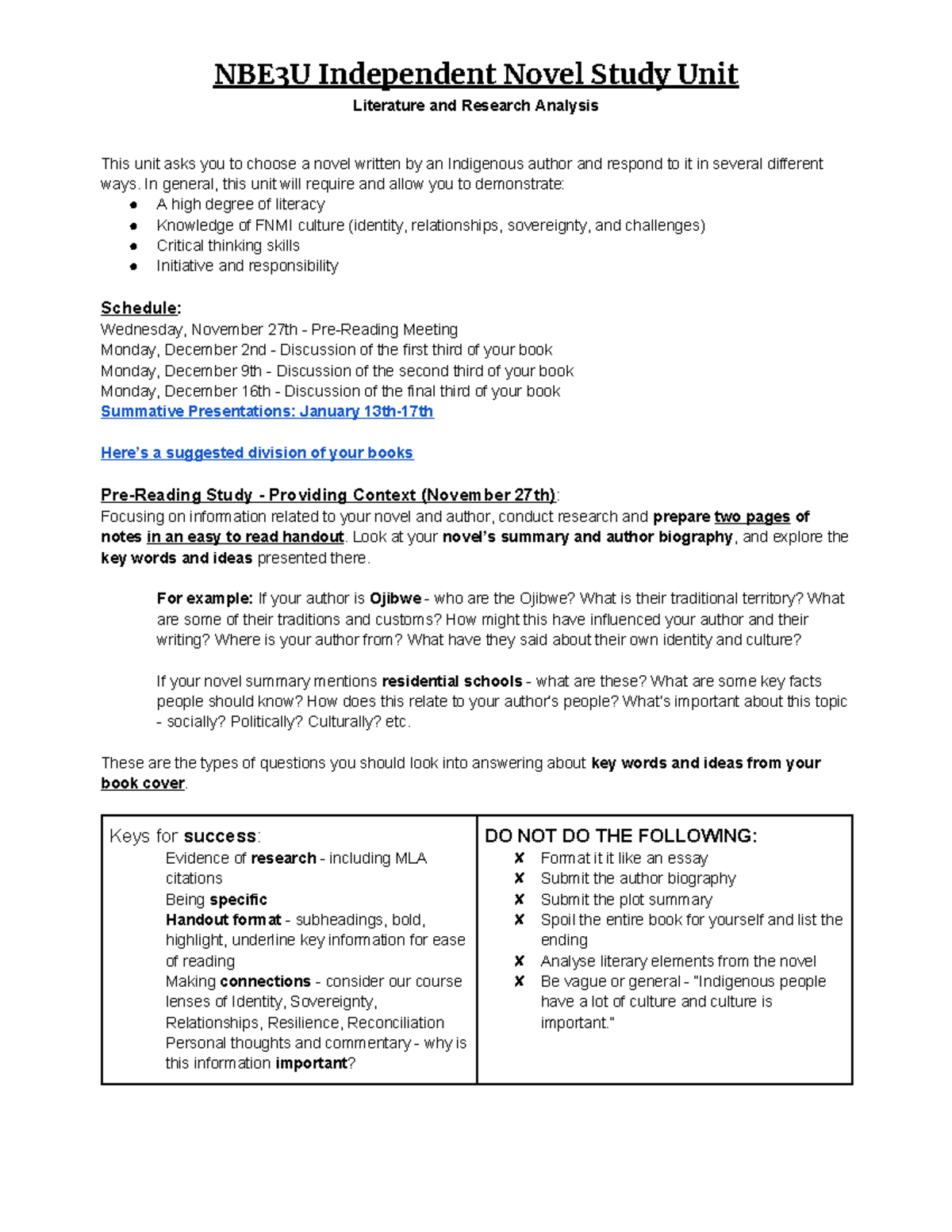 (Fall 2024) NBE3U ISU - Here is the overview of the work needed for ...