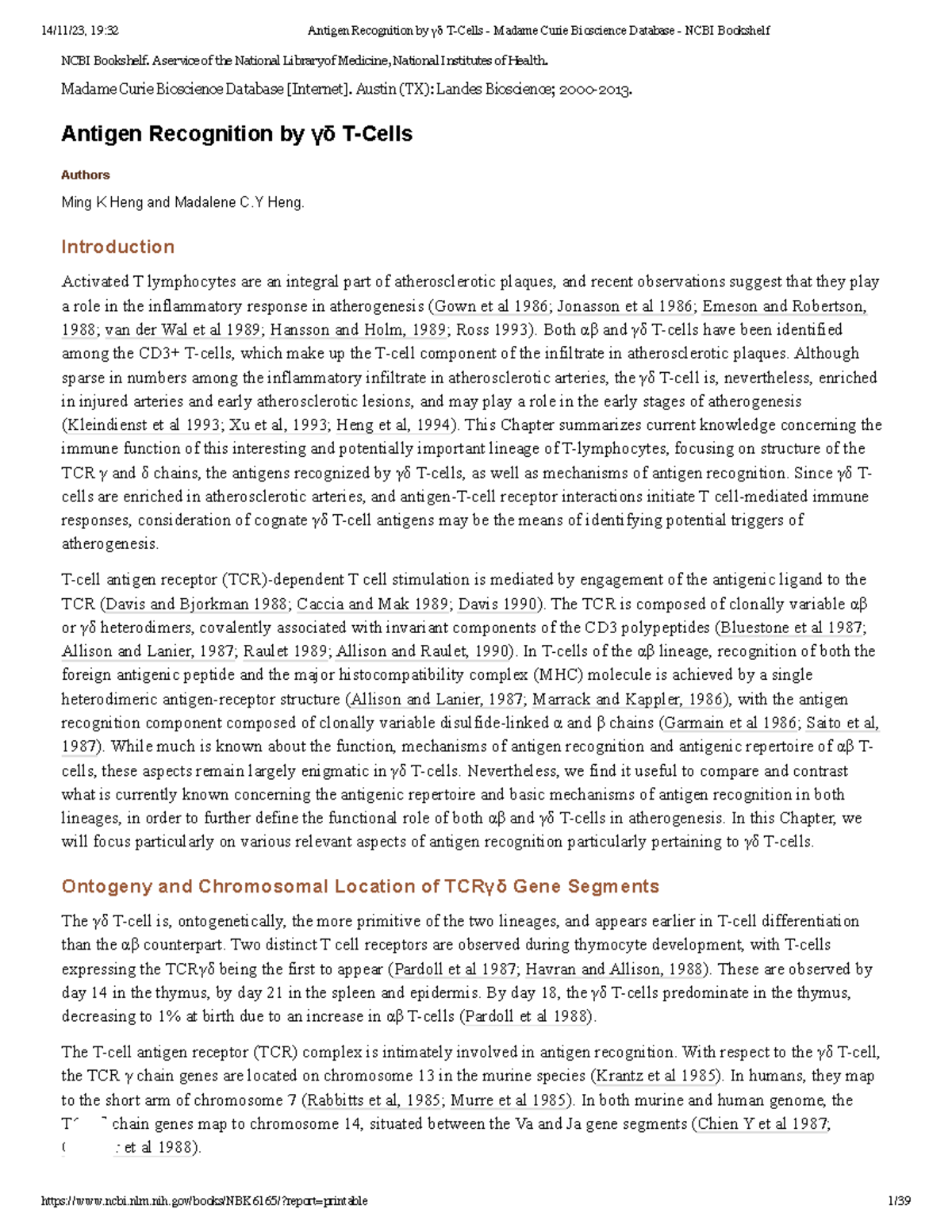 Antigen Recognition by γδ T-Cells - Madame Curie Bioscience Database ...