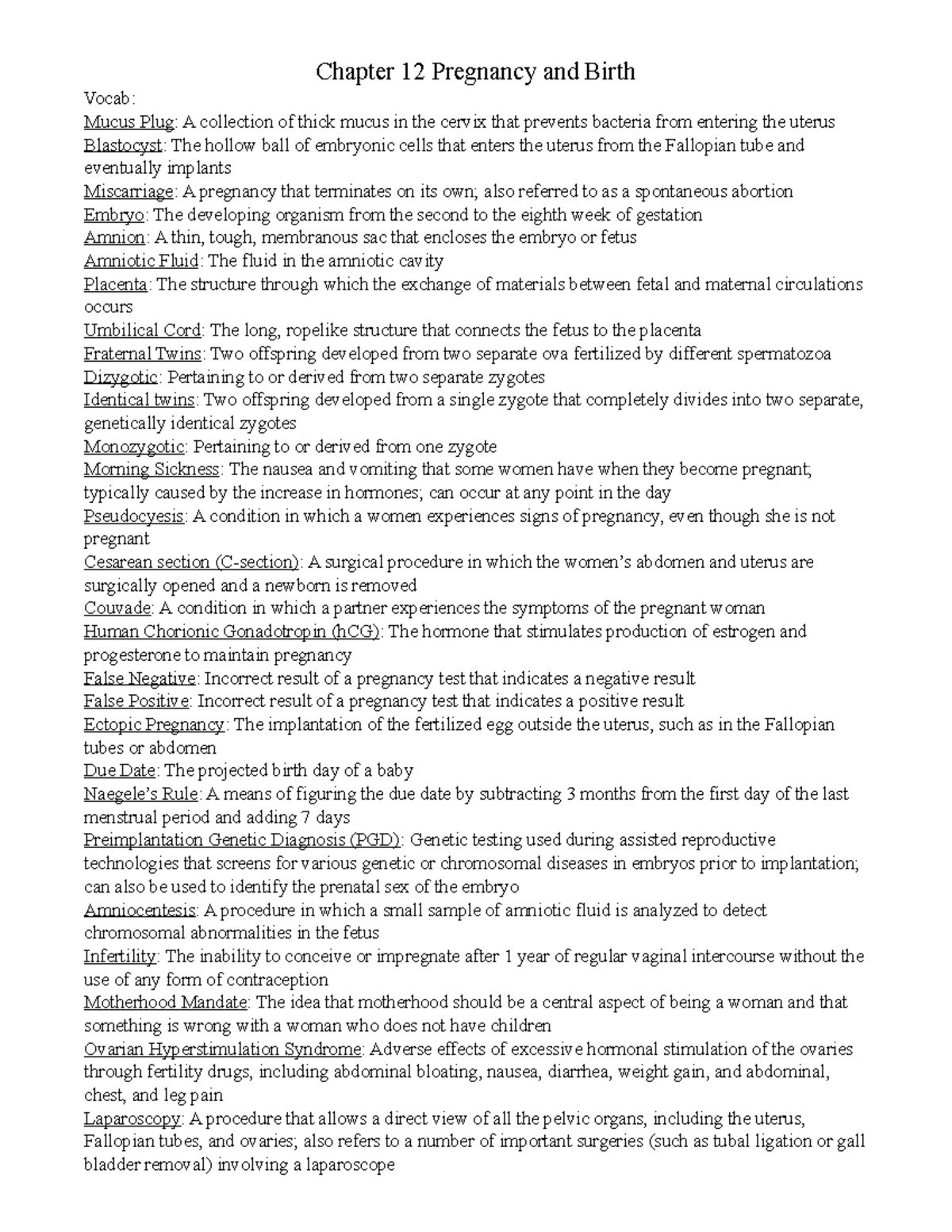 Chapter 12 Pregnancy and Birth Notes - Chapter 12 Pregnancy and Birth ...
