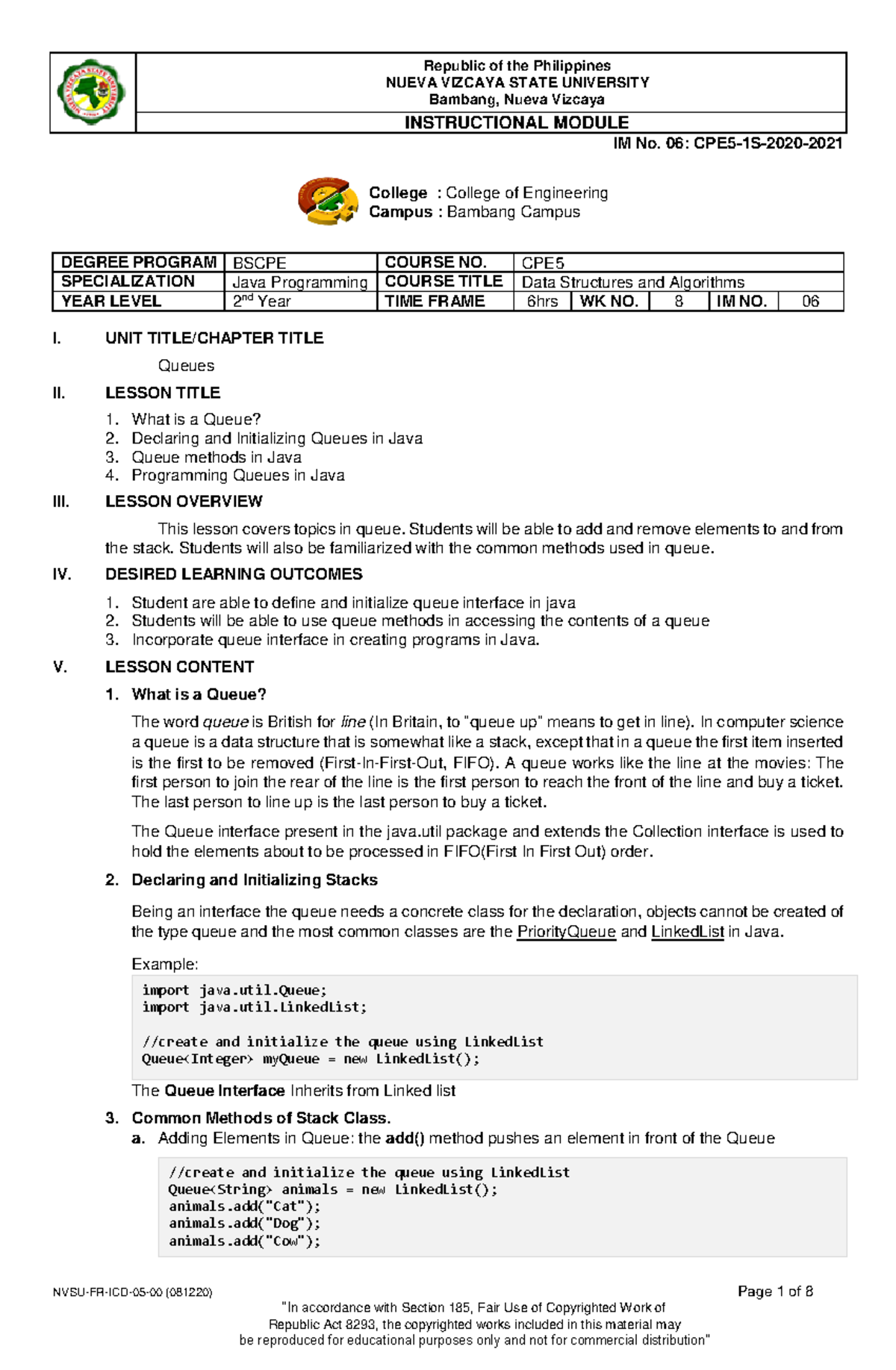 Module 06 Queues - NUEVA VIZCAYA STATE UNIVERSITY Bambang, Nueva ...