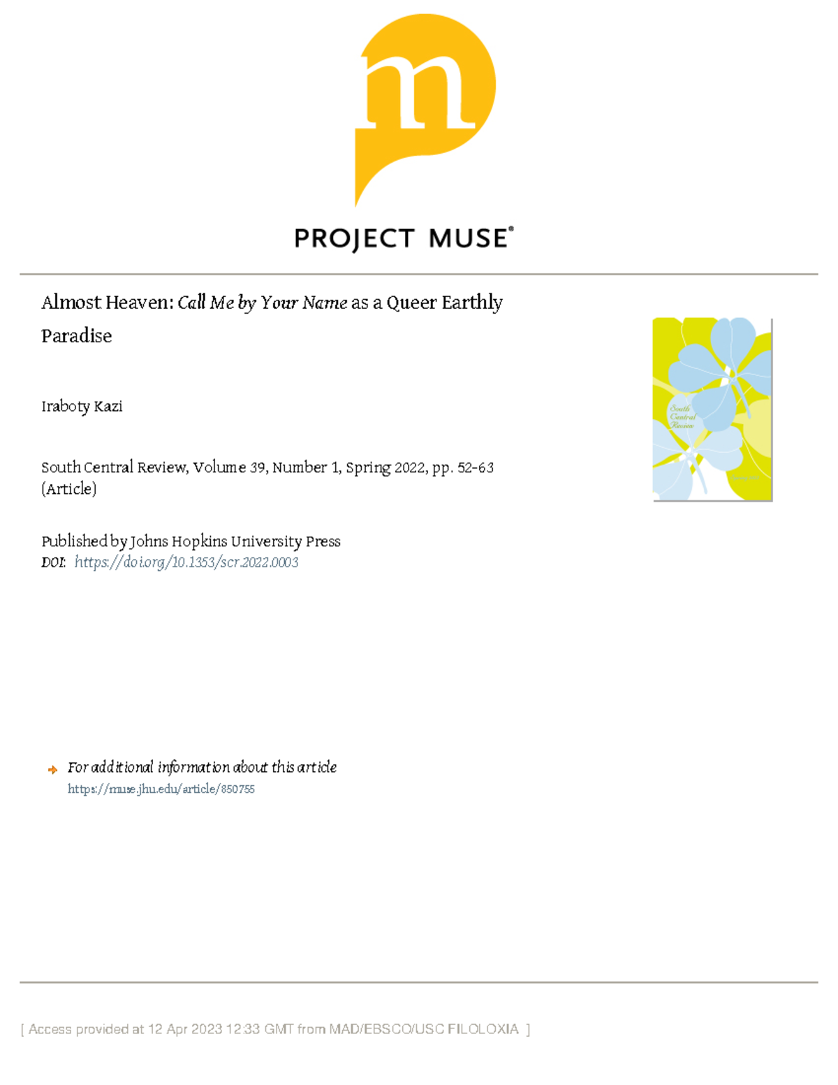 Project muse 850755 - arte - Almost Heaven: Call Me by Your Name as a Queer Earthly Paradise ...