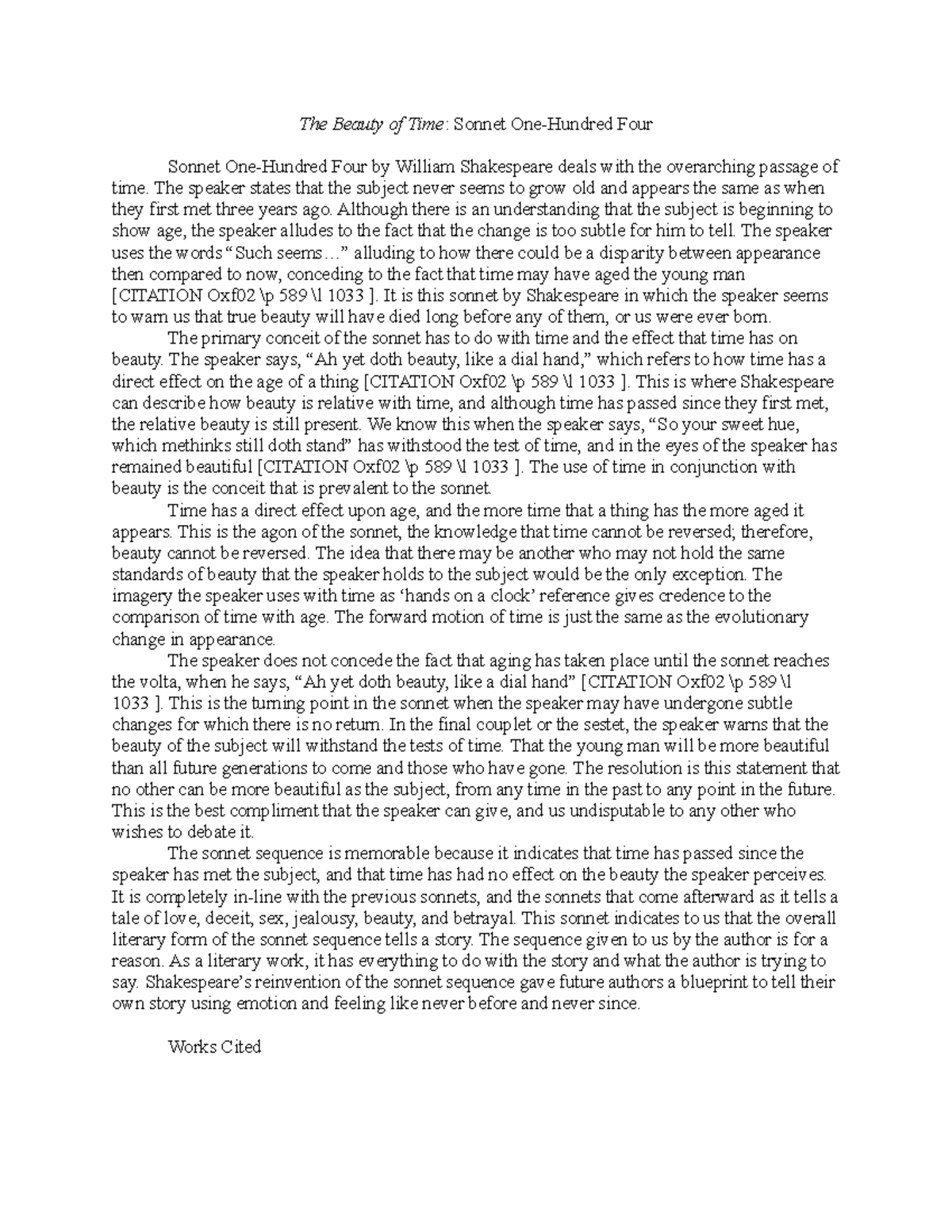 TTU ENGL 3305 Sonnet One-Hundred Four by William Shakespeare Paper ...